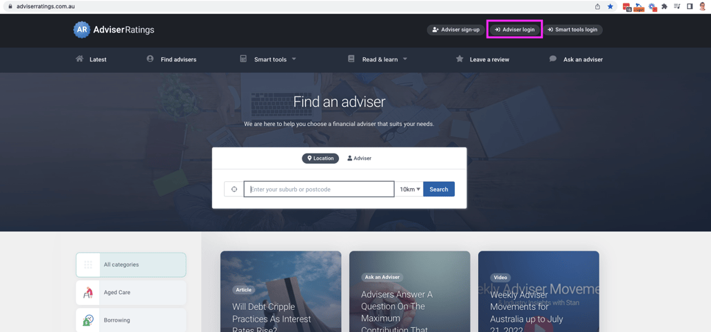 How do I login to my Adviser Ratings profile?