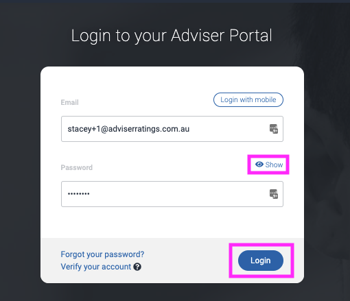 How do I login to my Adviser Ratings profile?